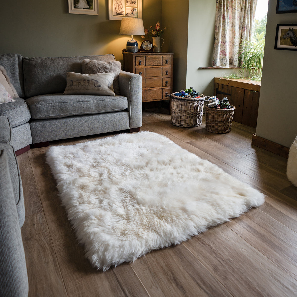 Rectangular Lined Natural White Sheepskin Rug with Straight Edges ...