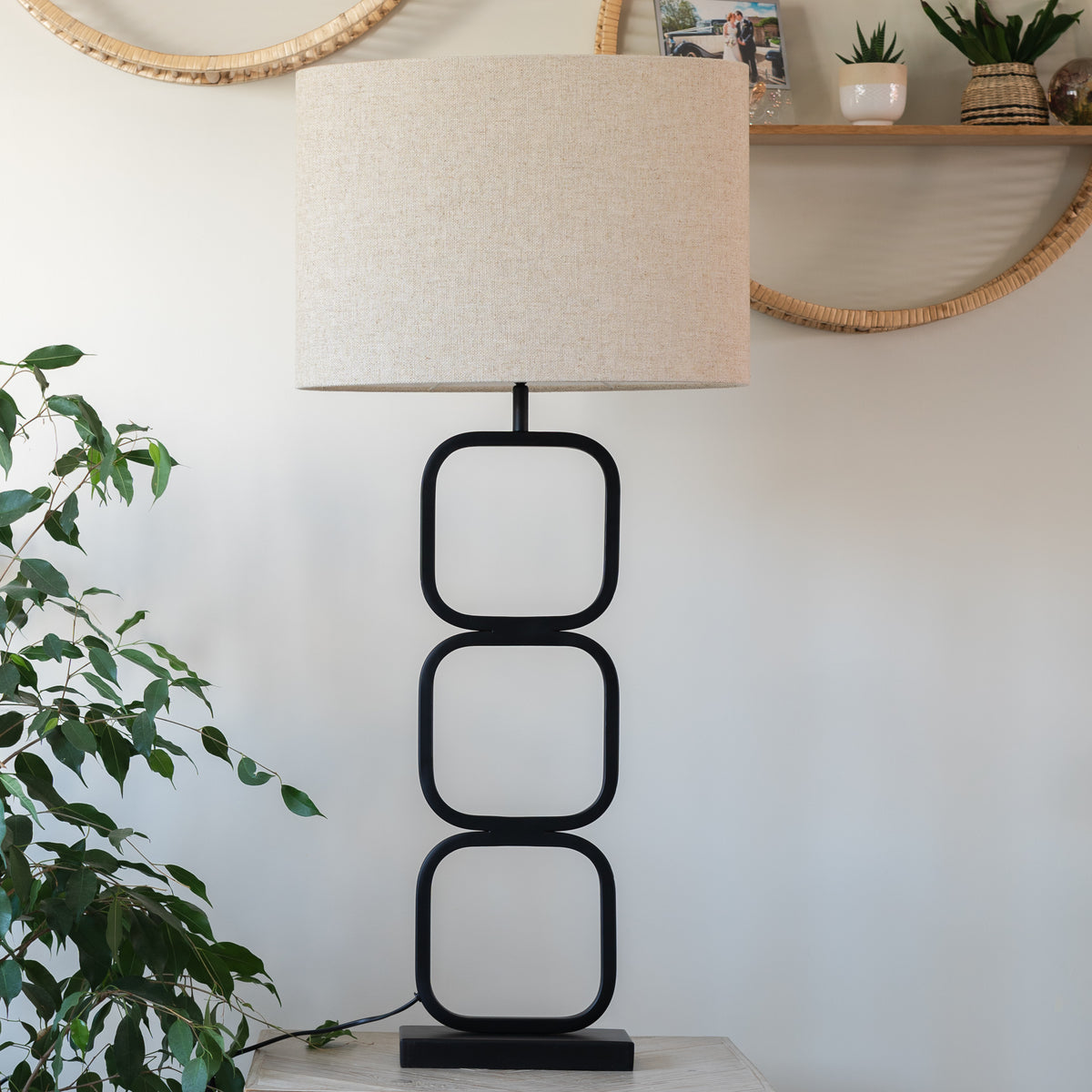 Lutika Matt Black Stacked Table Lamp with Natural Linen Shade – Arthur ...