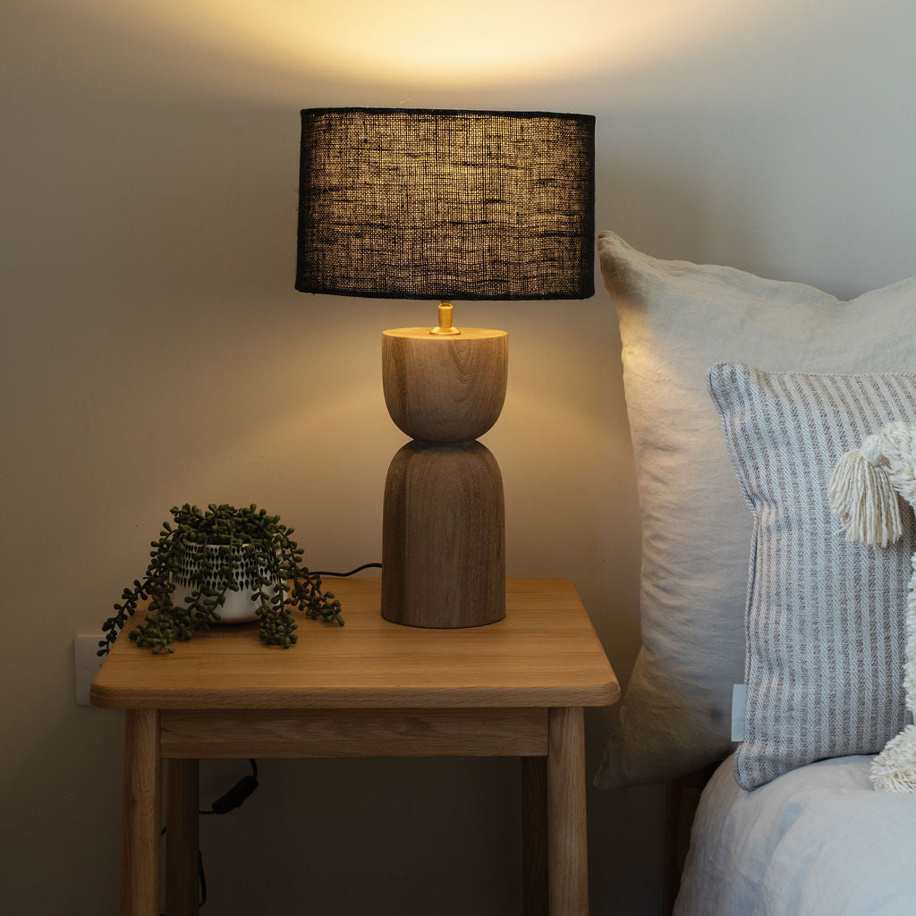 Mells, Tall, Light, Sandblasted Wooden Large Table Lamp with Black Sha ...