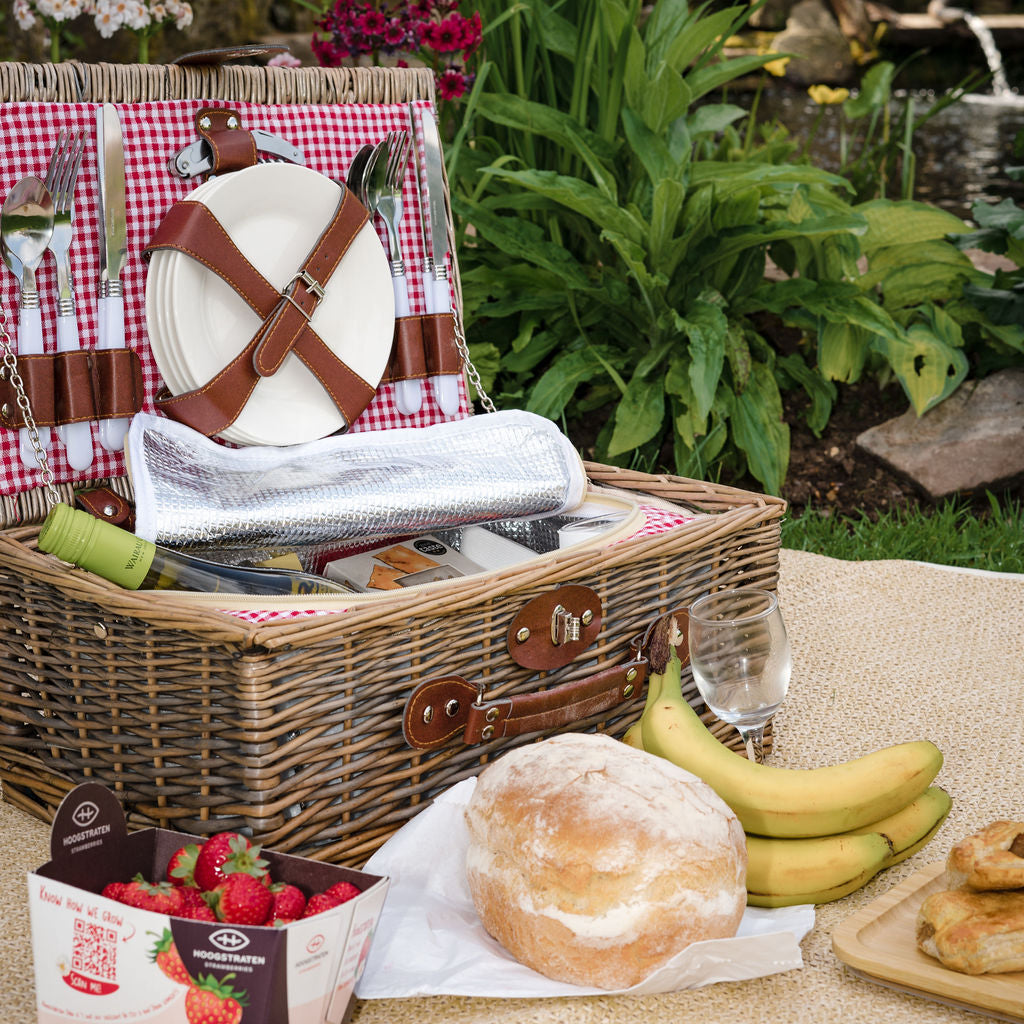 Deluxe 4 Person Antique Wash Wicker Red Gingham Picnic Basket – Arthur ...