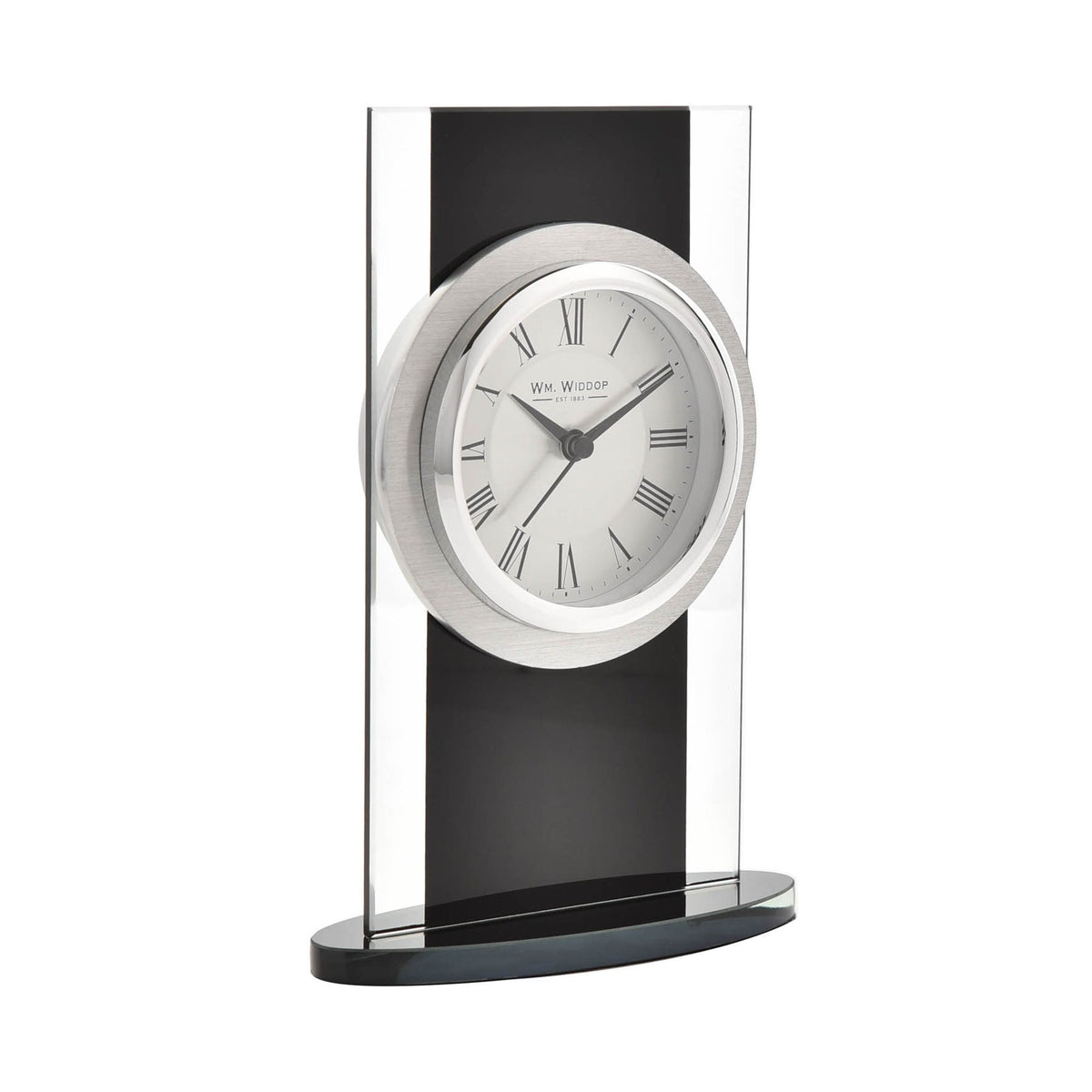 WM. Widdop Black & Clear Glass Mantel Clock W2703 – Arthur Cameron