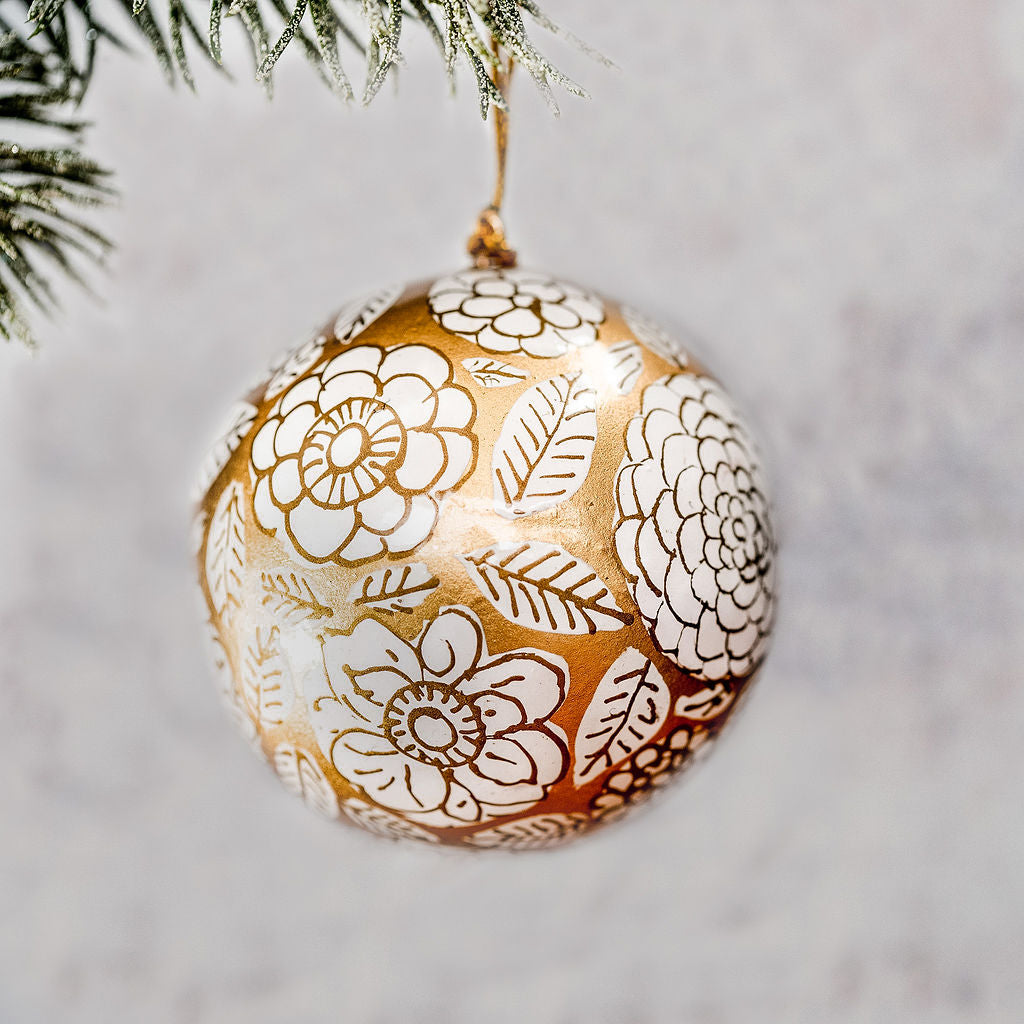2" Gold With White Flower Christmas Bauble Christmas Decorations ...
